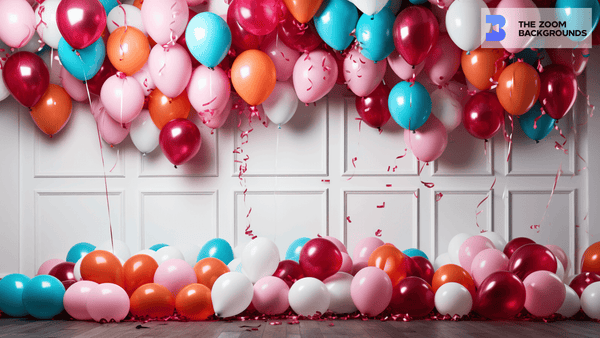White Wall with Colorful Balloons Zoom Background – thezoombackgrounds.com