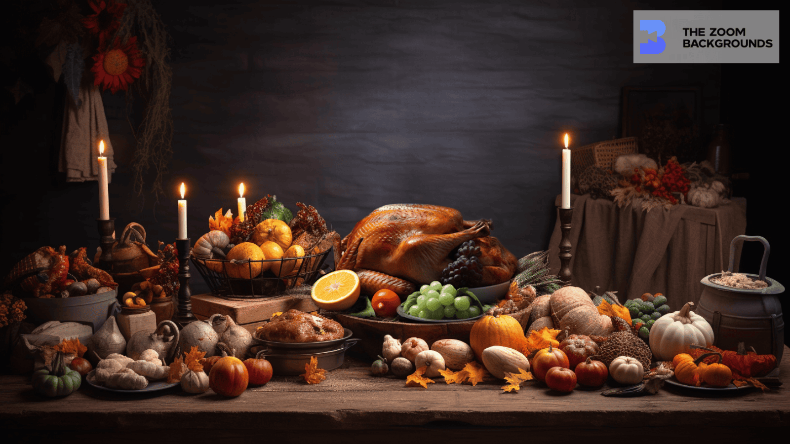 Thanksgiving Table with Turkey Zoom Background – thezoombackgrounds.com