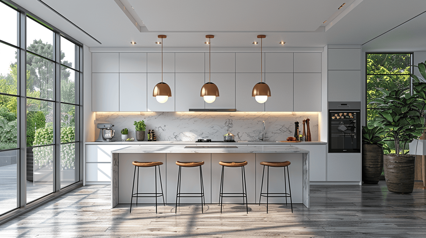 White and Gold Posh Kitchen Zoom Background – thezoombackgrounds.com