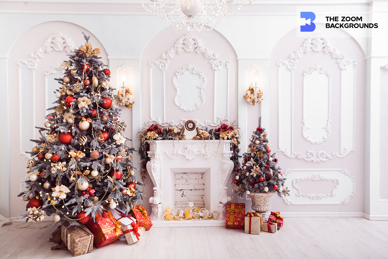 Baroque Fireplace Between Red-Ornamented Christmas Trees Zoom Backgrou ...