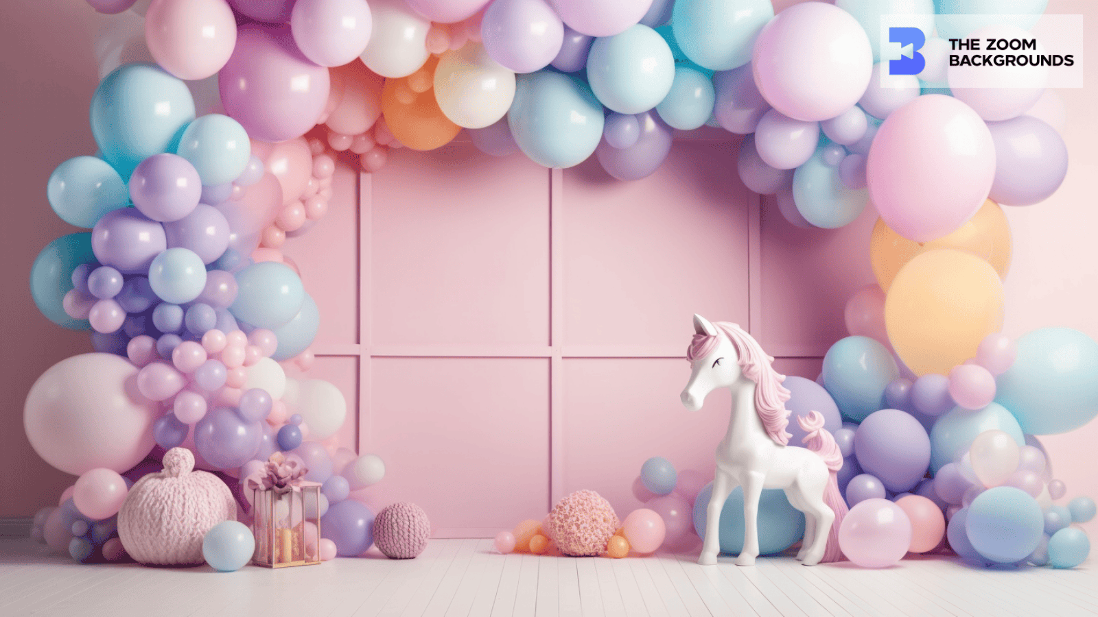 Unicorn Pastel Balloon Arch Zoom Background – thezoombackgrounds.com