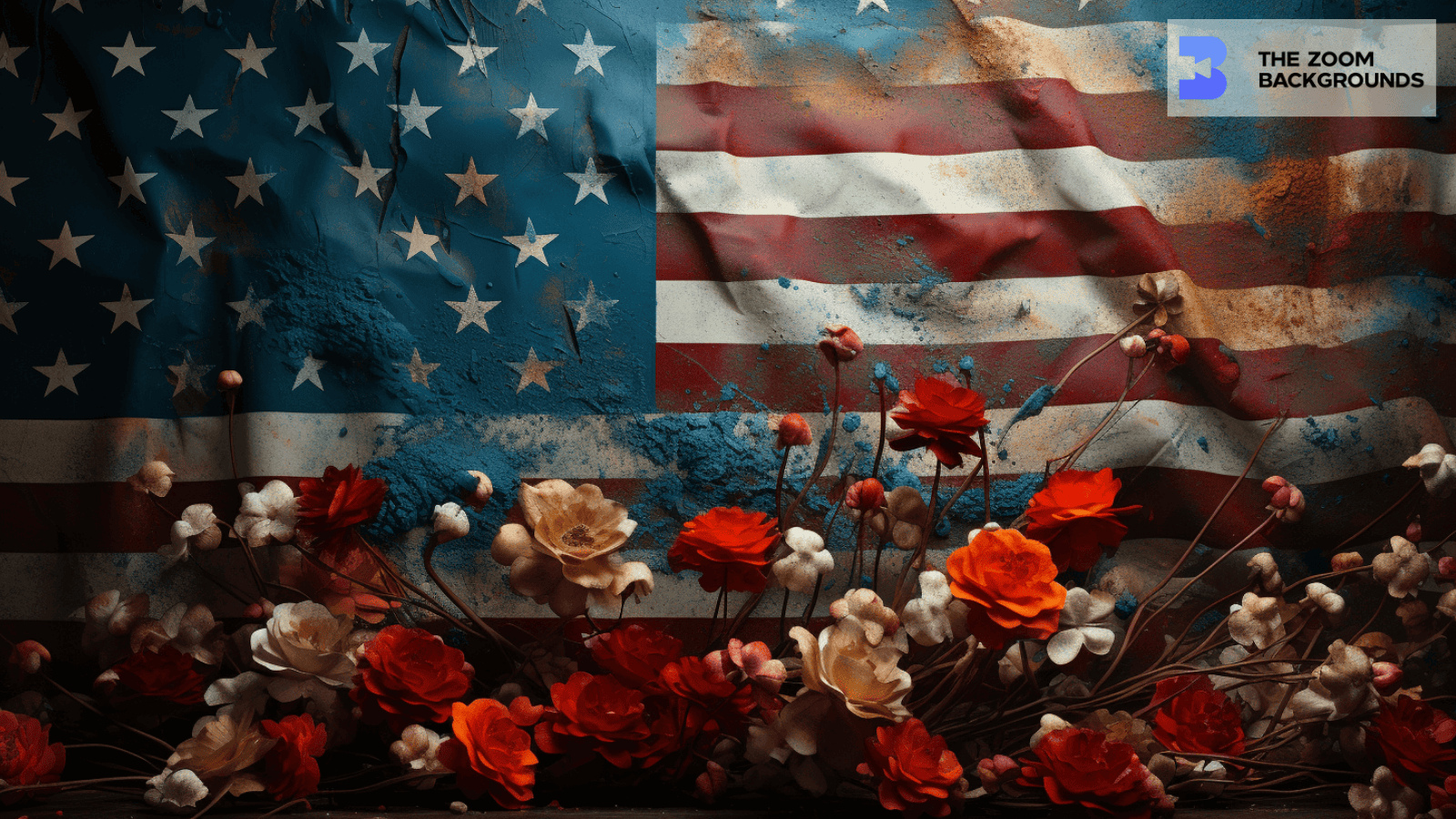 USA Flag with Flowers Zoom Background – thezoombackgrounds.com