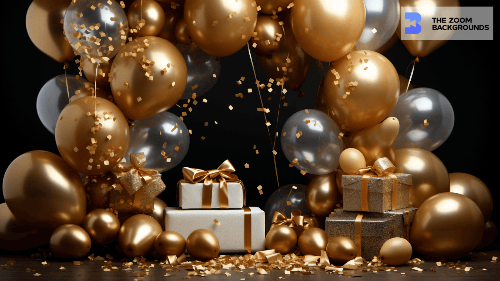 Gold Balloons and Gifts Zoom Background – thezoombackgrounds.com