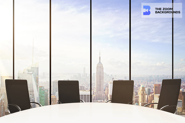 White Round Conference Table, Windows, and City View Zoom Background ...