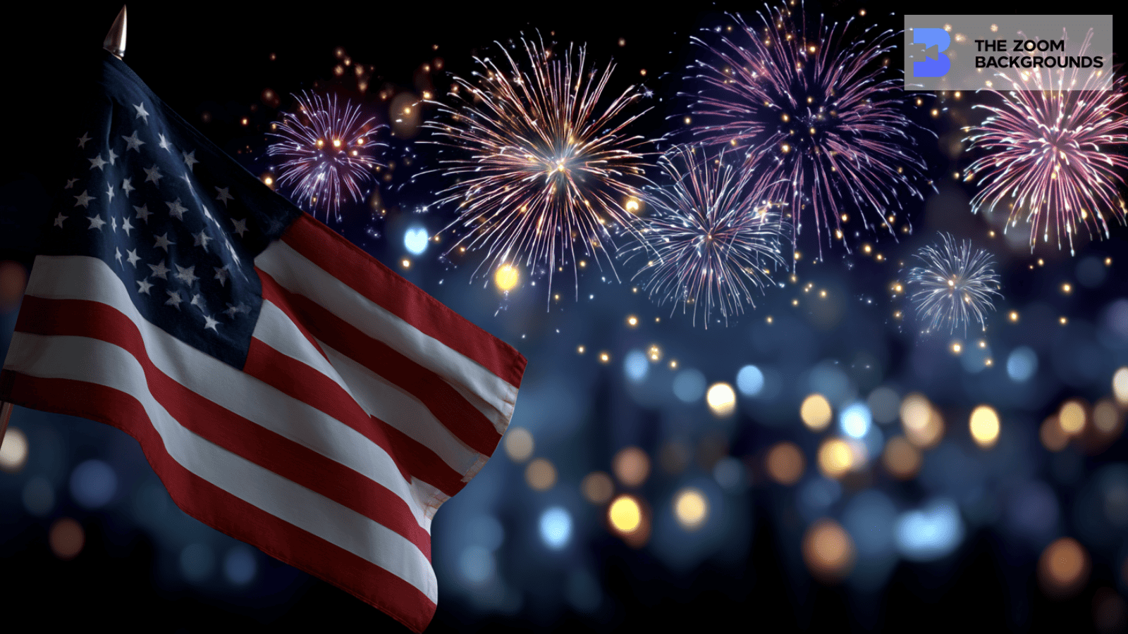 Dark American Flag and Fireworks Zoom Background – thezoombackgrounds.com