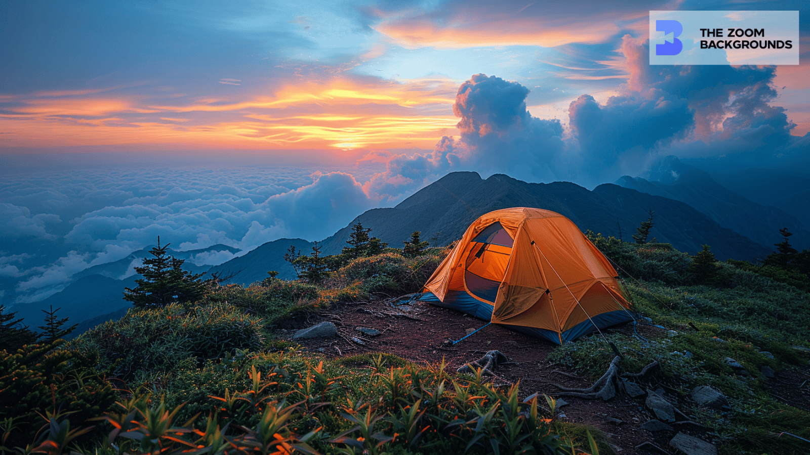 Mountain Tent with Blue Clouds Zoom Background – thezoombackgrounds.com