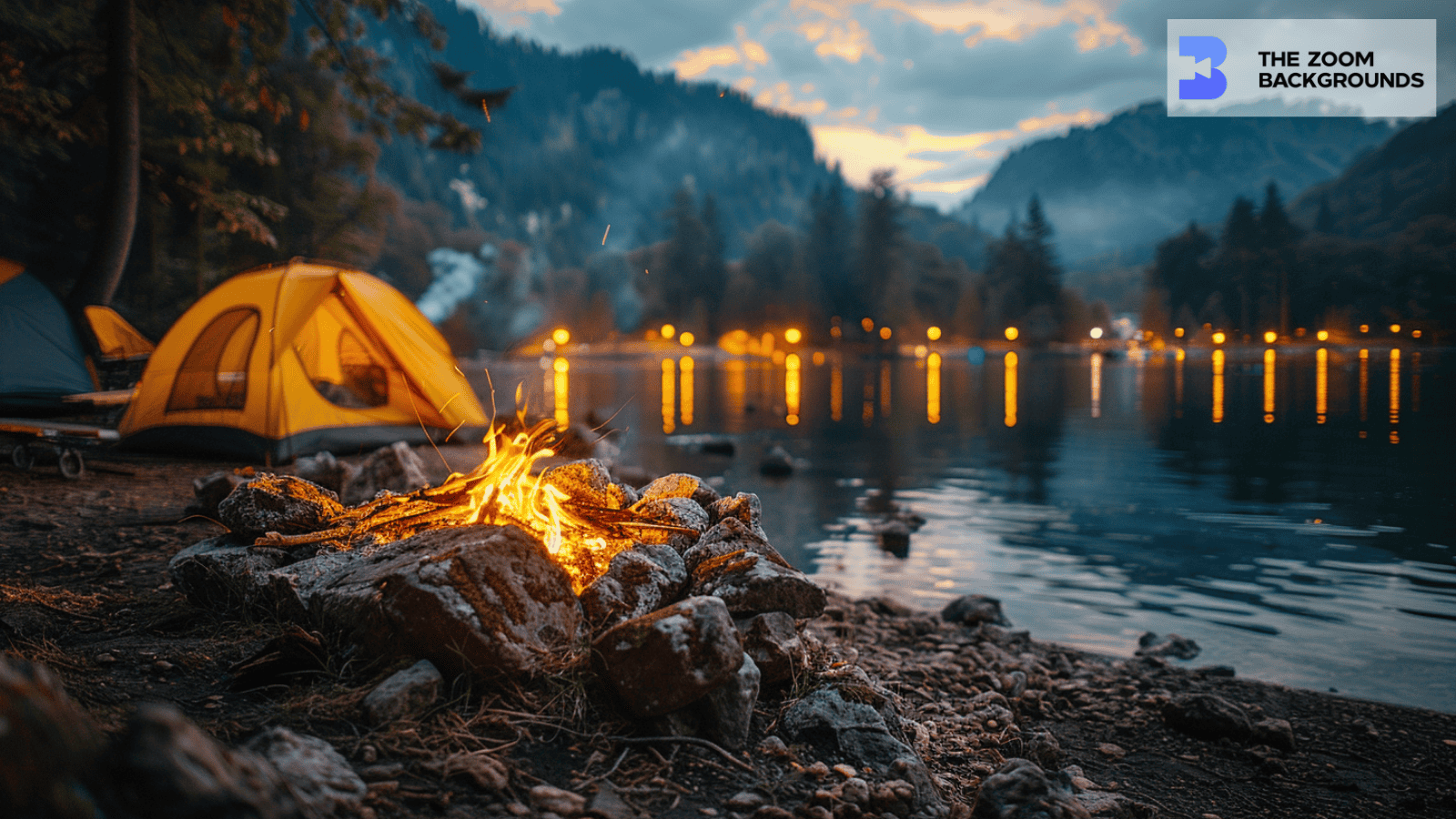 Blurry Campfires and Tents Zoom Background – thezoombackgrounds.com