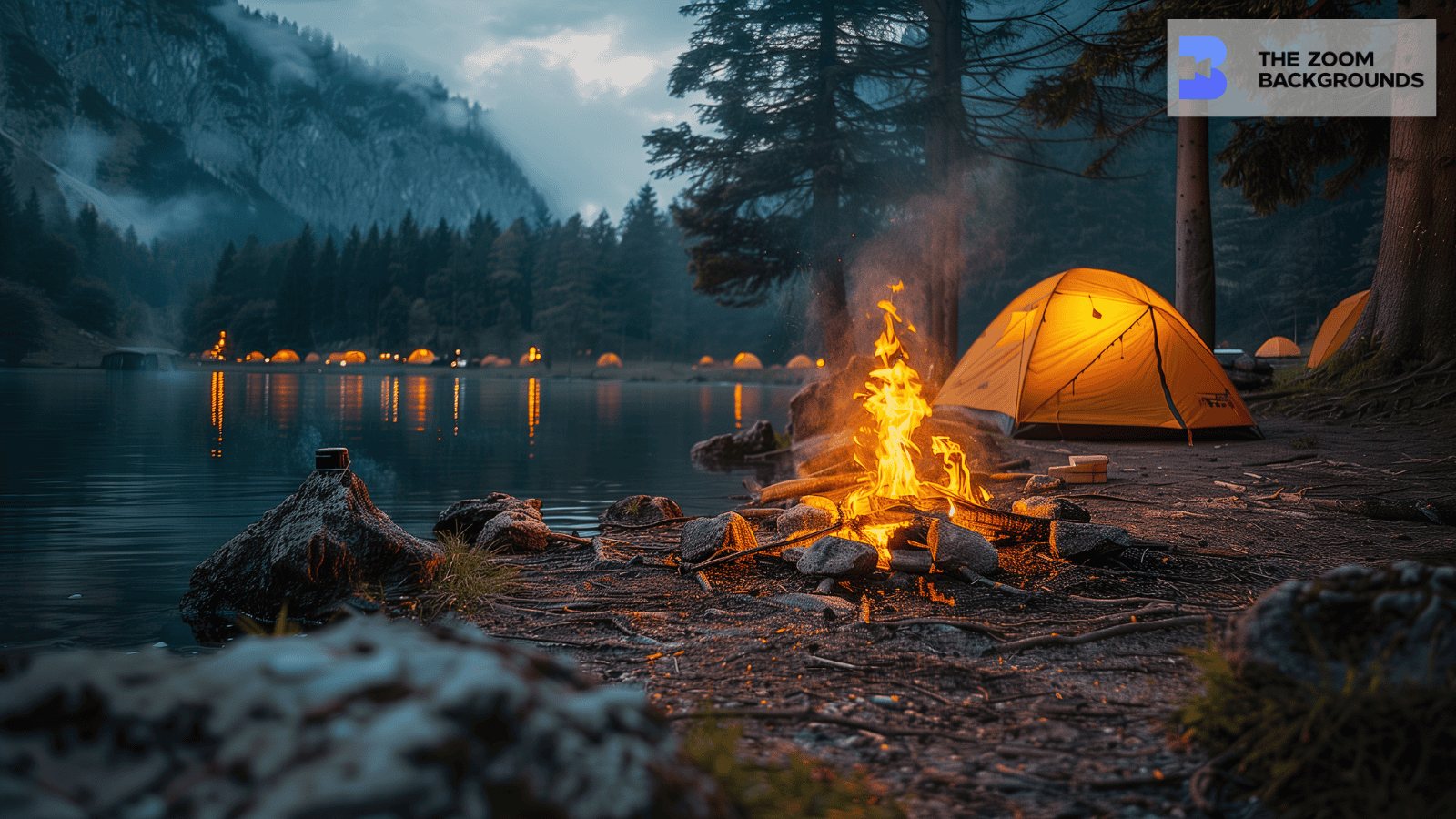 Campfire by the Lake Zoom Background – thezoombackgrounds.com