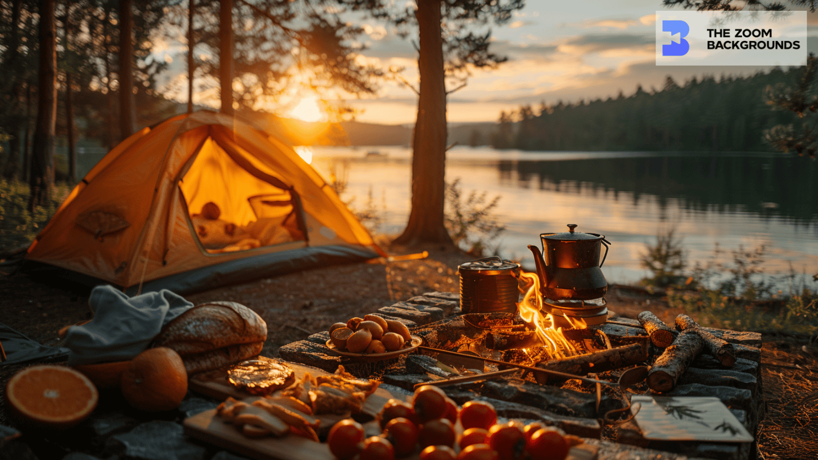 Camping with Food and Sunrise Zoom Background – thezoombackgrounds.com