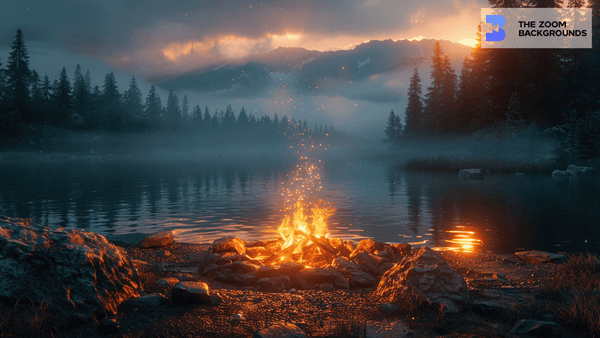 Lake Camping Fire Zoom Background – thezoombackgrounds.com