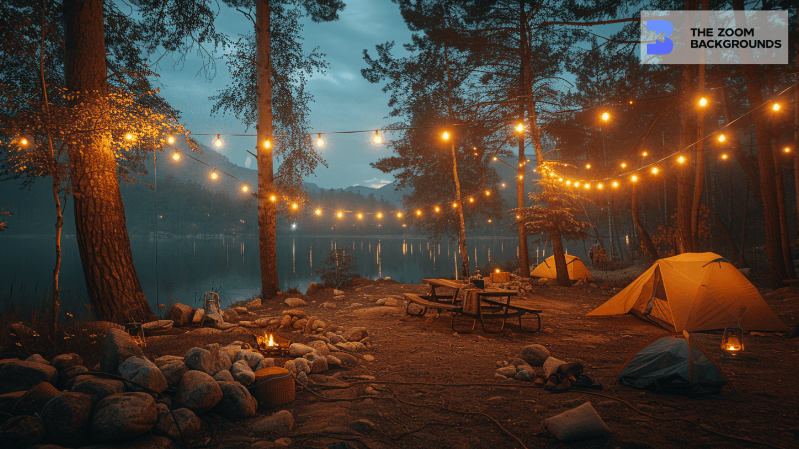 Camping with Fairy Lights Zoom Background – thezoombackgrounds.com
