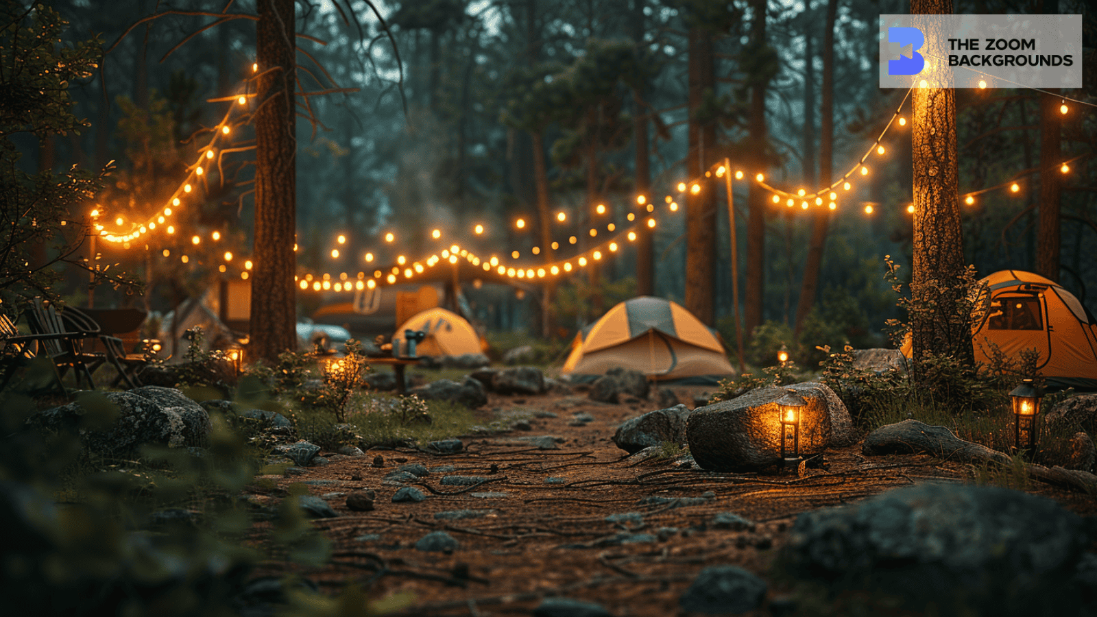 Fairy Light and Camping Tents Zoom Background – thezoombackgrounds.com