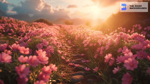 Walkway in a Pink Flower Field Zoom Background – thezoombackgrounds.com