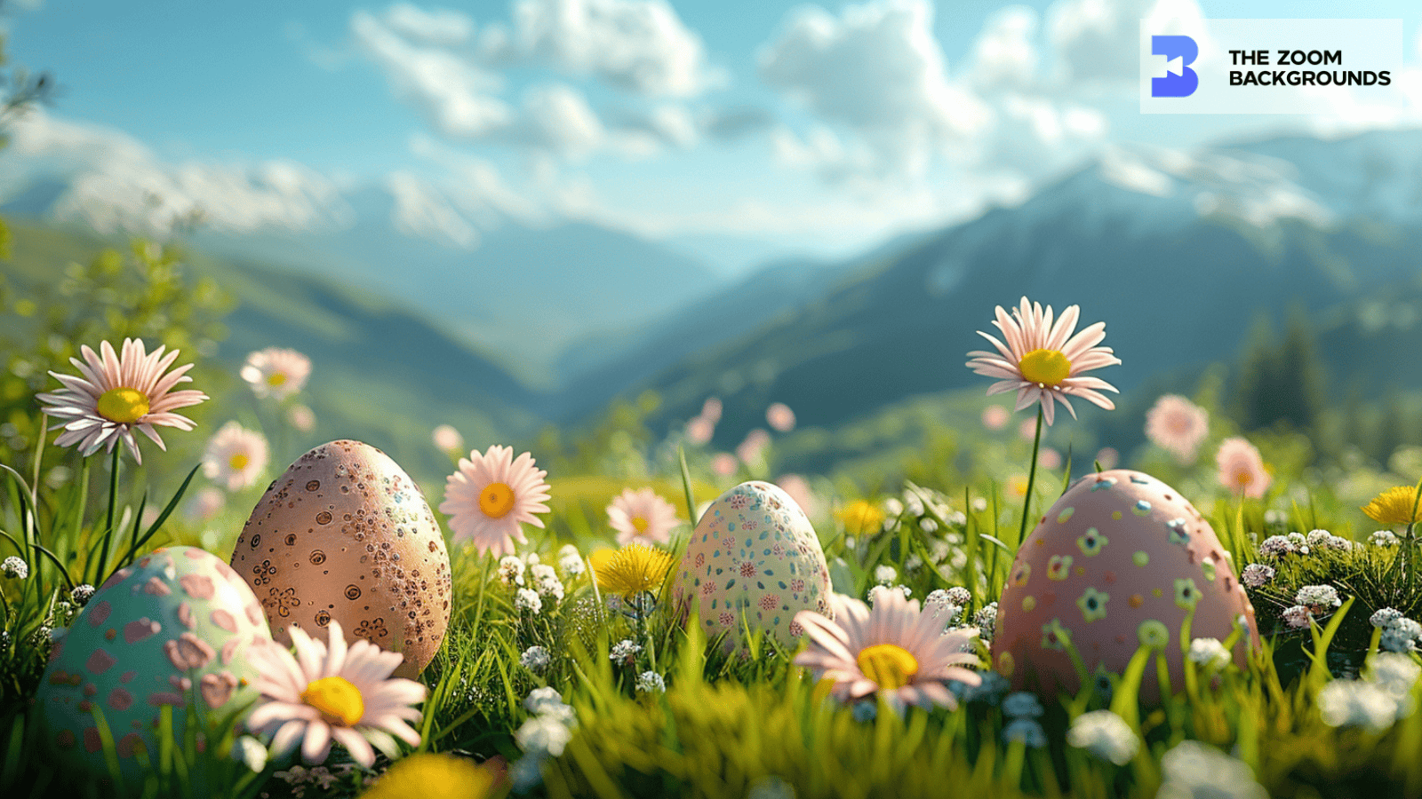 Grass Field with Pink Flowers and Easter Eggs Zoom Background ...
