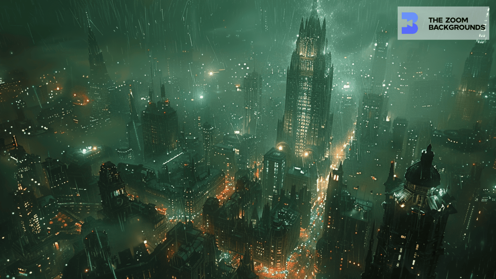 Rainy Green Gotham City Zoom Background – thezoombackgrounds.com