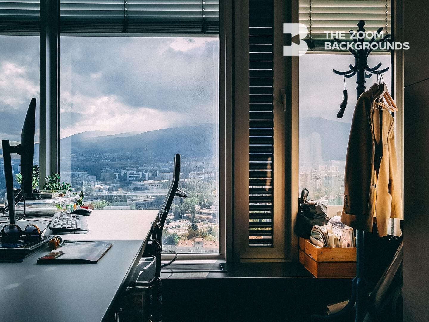 Office With City & Mountain View Zoom Background – thezoombackgrounds.com