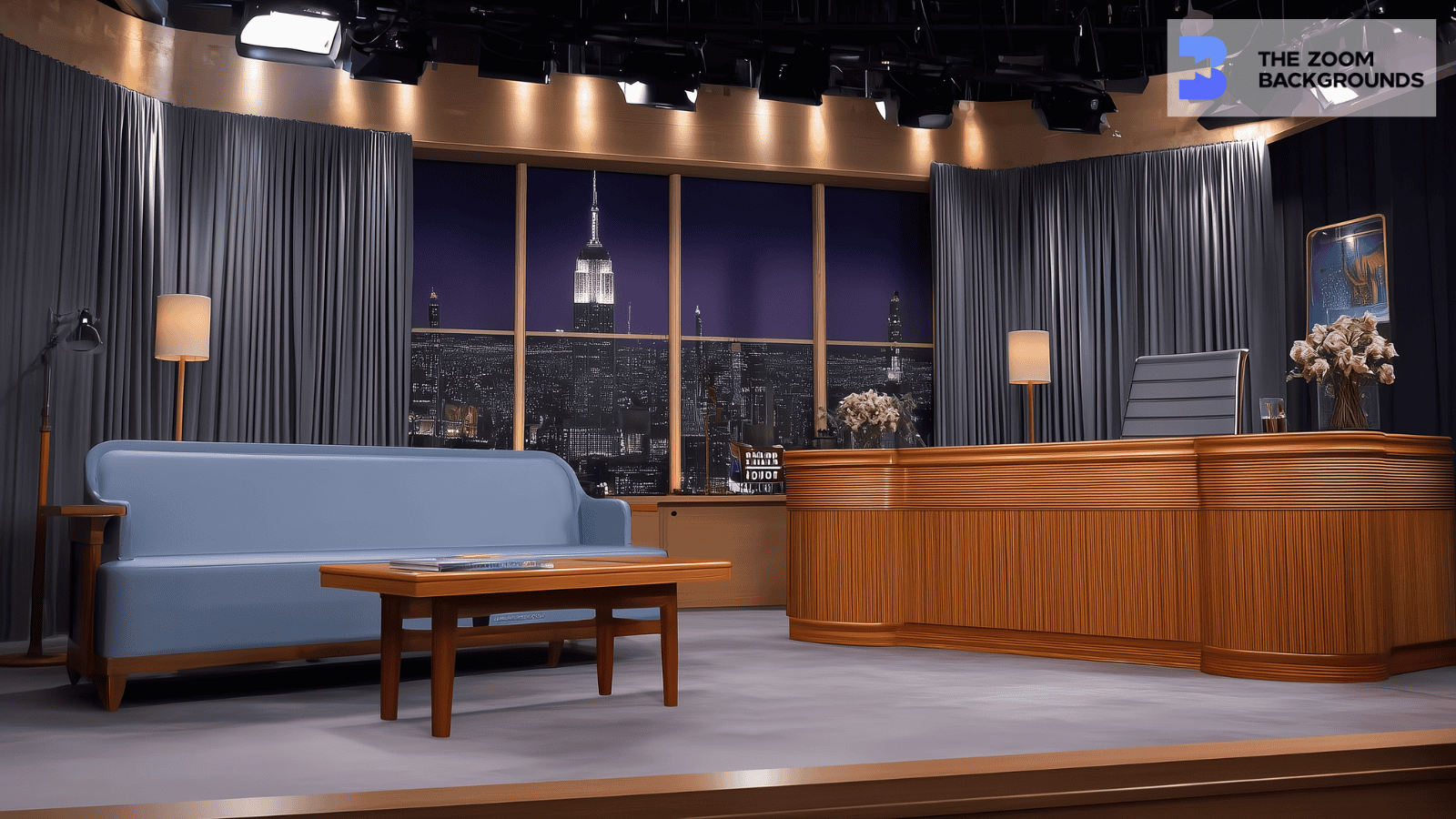 Set with Gray Curtains Talk Show Zoom Background – thezoombackgrounds.com