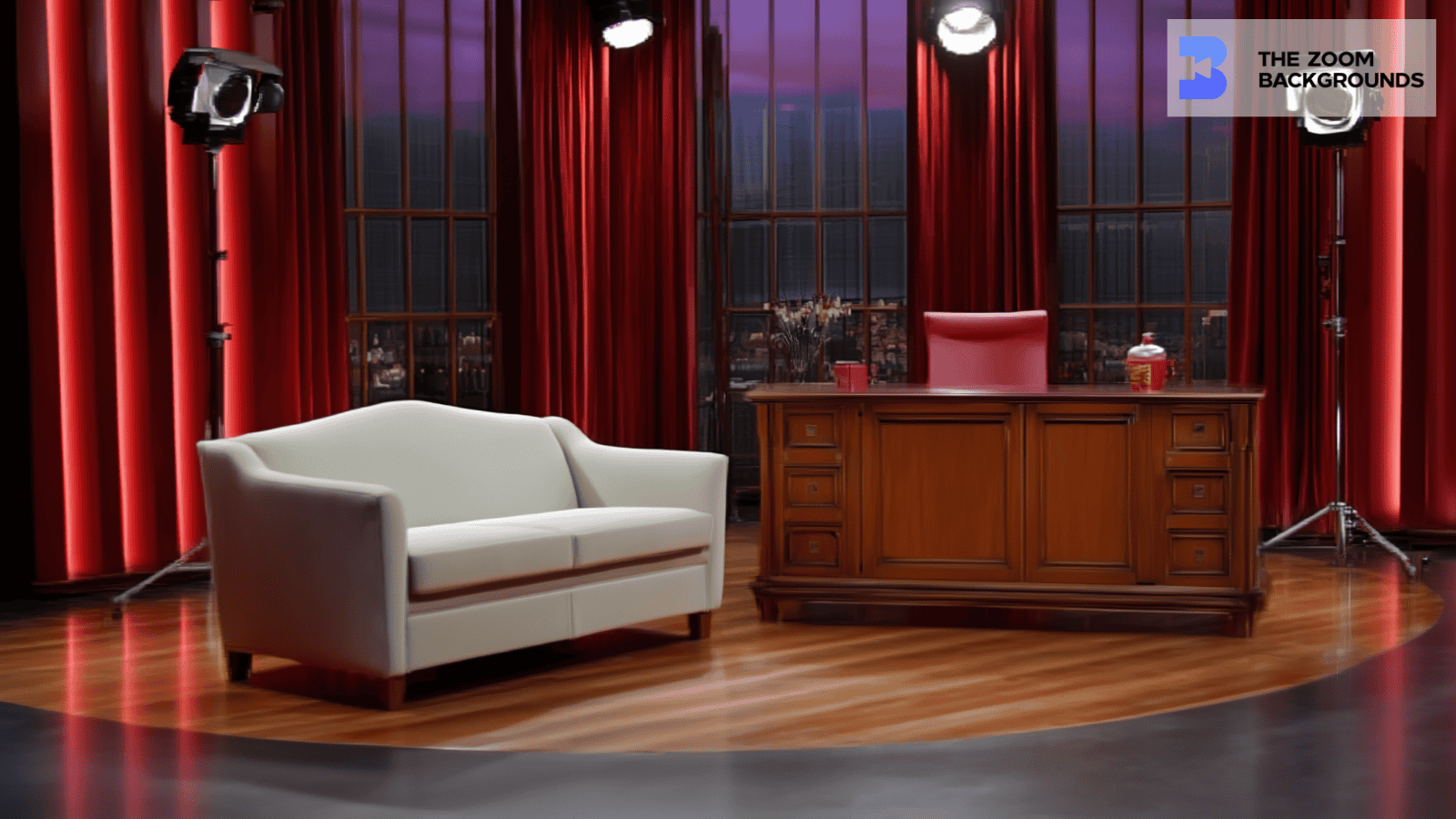 Set with Red Curtains and Two Standing LED Talk Show Zoom Background ...