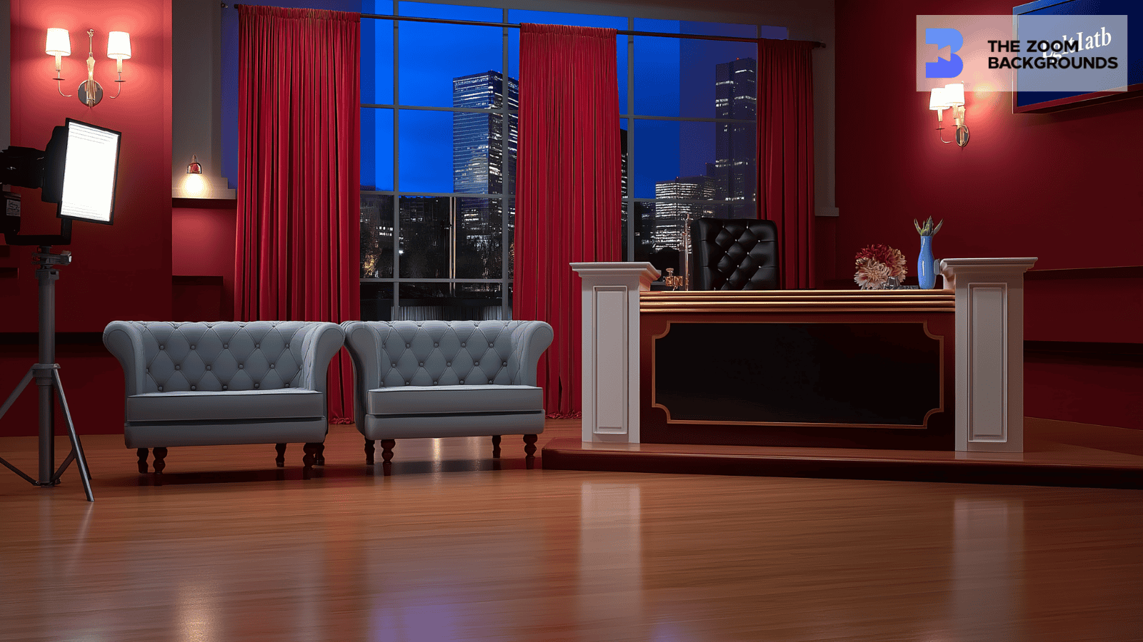Set with Two Single Couches and Shooting Light Talk Show Zoom Backgrou ...