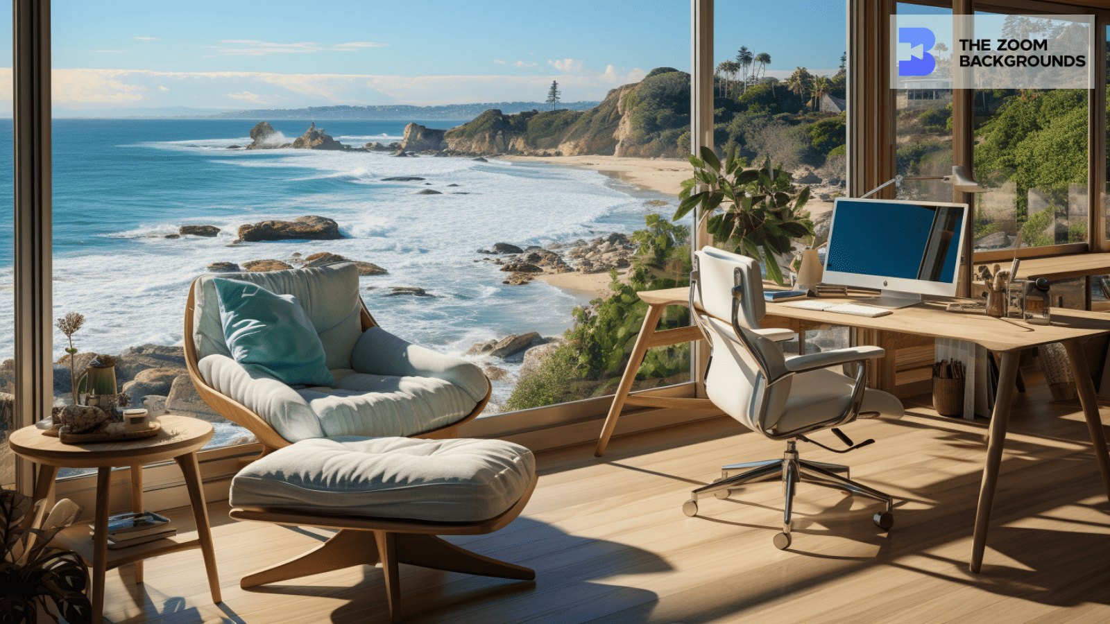 Coastal Office Retreat with Wood Accents Zoom Background ...