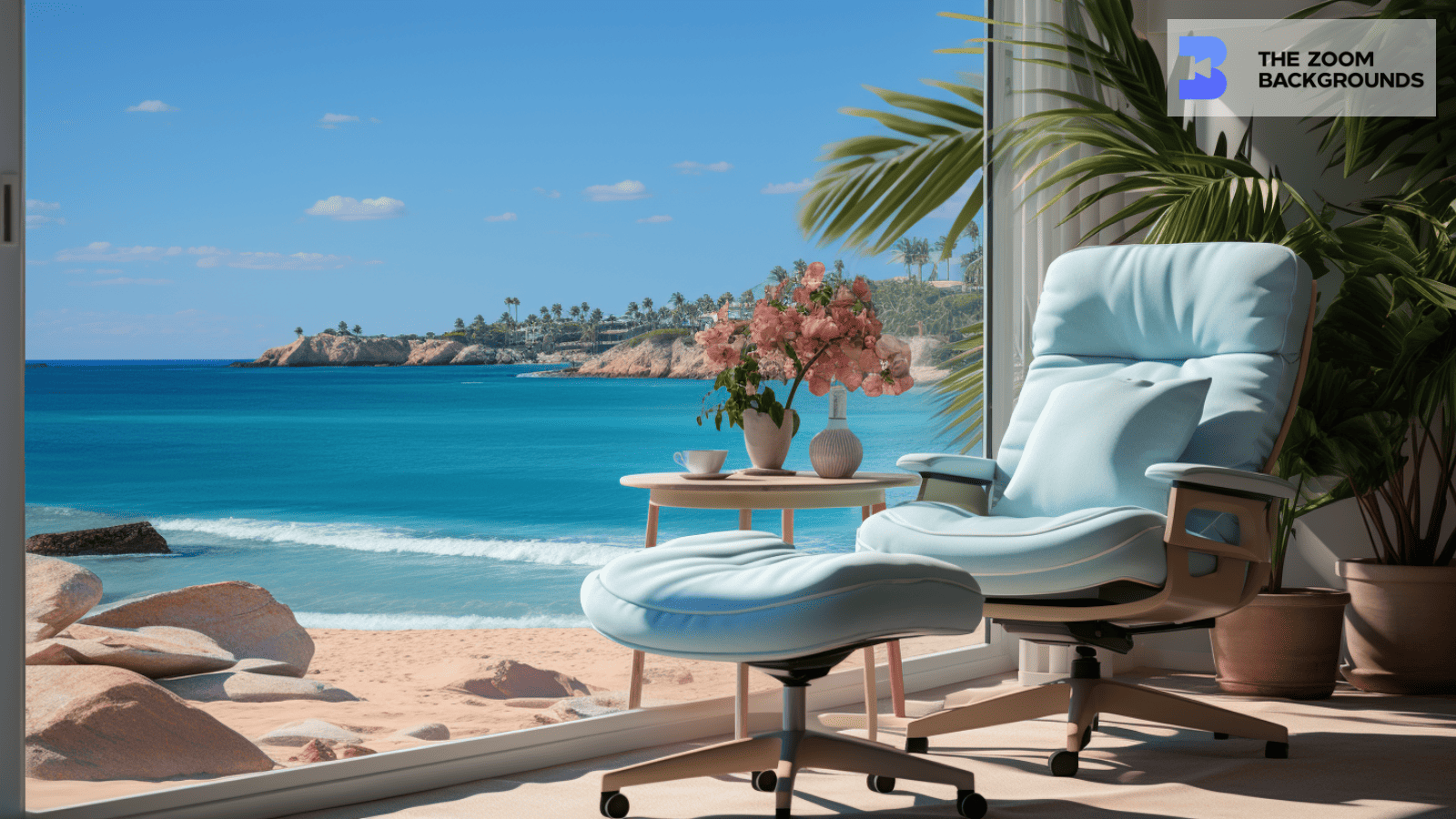 Beachside On the Sand Office Zoom Background – thezoombackgrounds.com