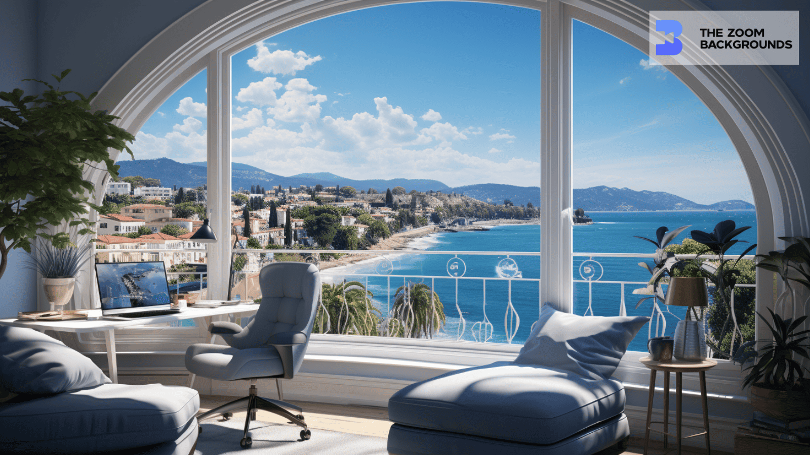 Greek Beach Condo Arch Window Zoom Background – thezoombackgrounds.com