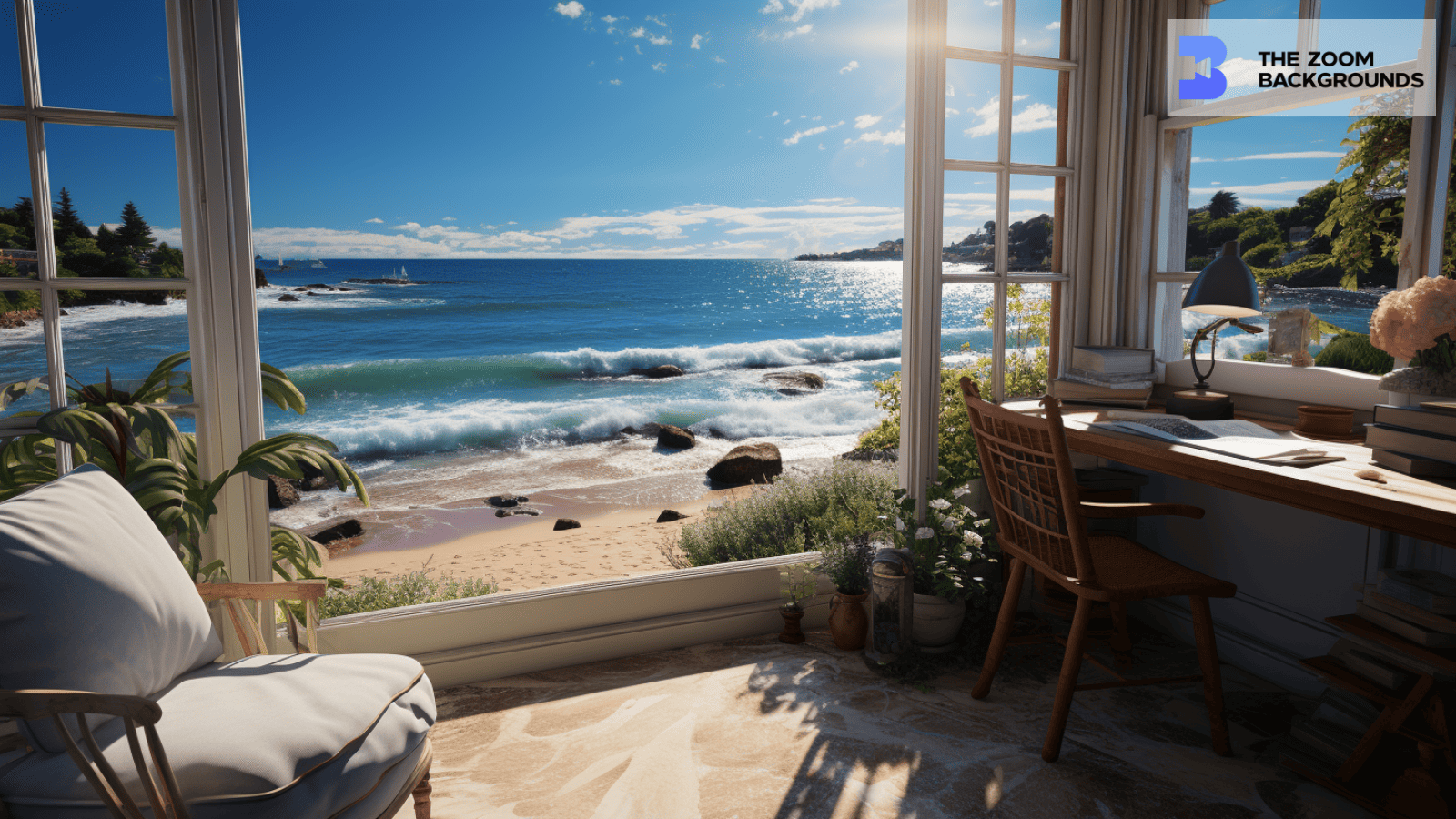 Beachside Study Oasis Zoom Background – thezoombackgrounds.com