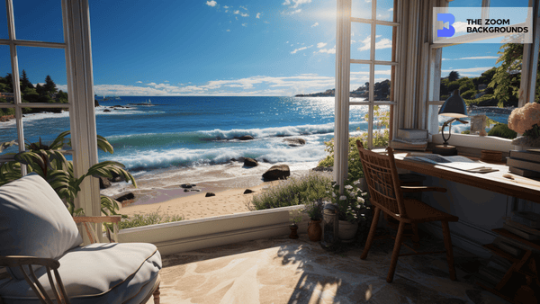 Coastal Beachside Office Nook Zoom Background – thezoombackgrounds.com