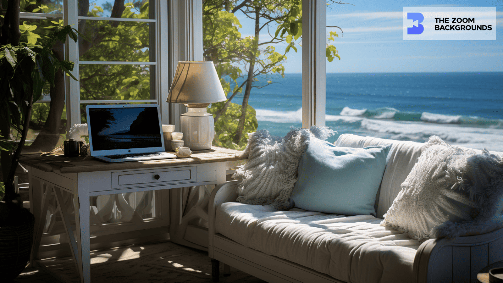 Coastal Comfy Corner Office Zoom Background – thezoombackgrounds.com